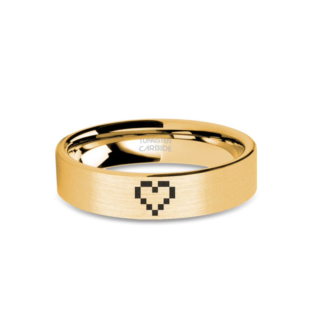 8-bit Love Heart Gamer Engraved Brushed Yellow Gold Tungsten Ring ...